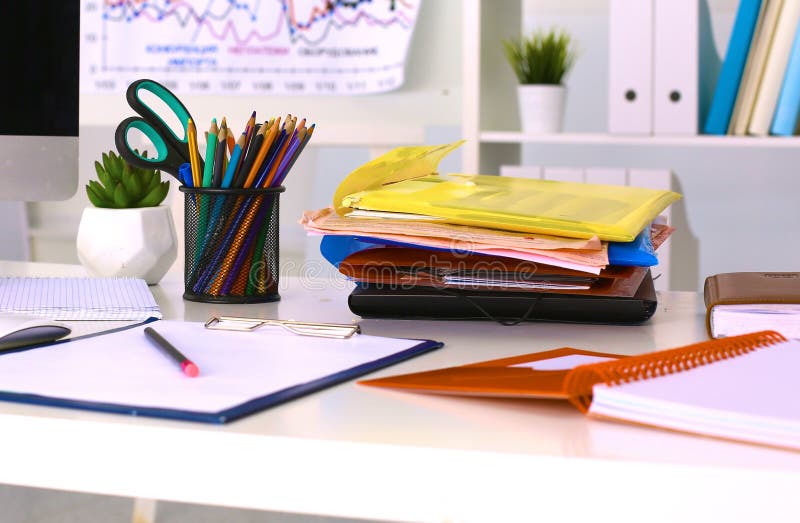 Office Desk a Stack of Computer Paper Reports Work Forms Stock Photo ...