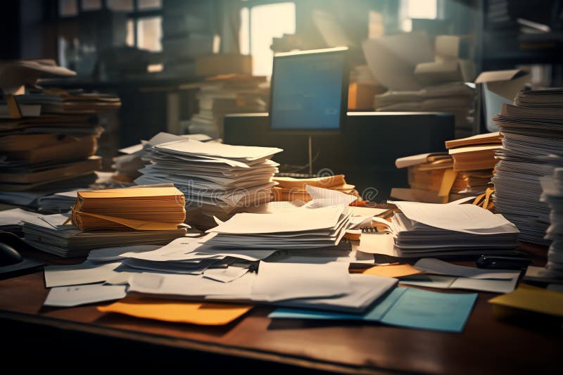 Office Desk with a Stack of Files and Papers Work Office Background ...
