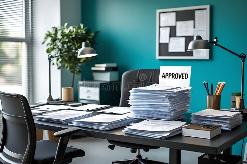 Office Desk Stack of Papers, Approved Sign Teal Wall , Stock ...