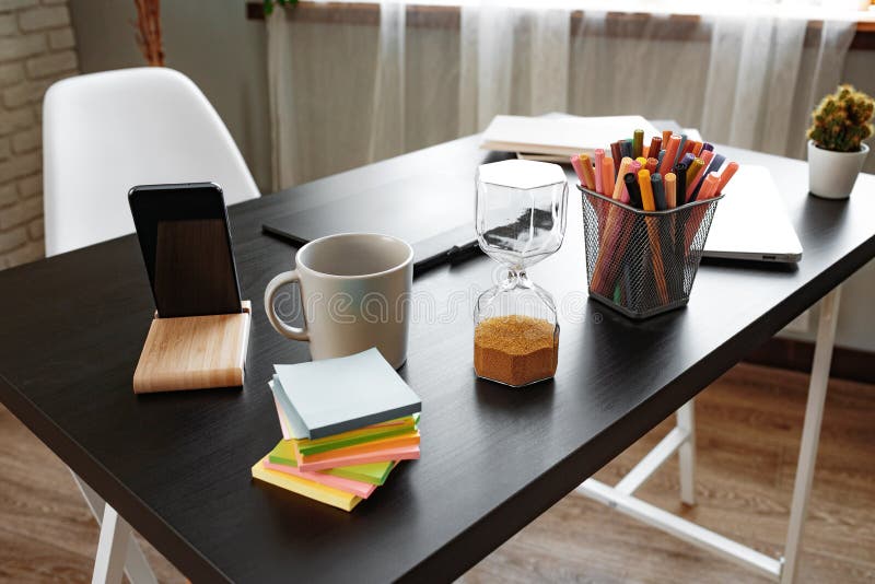 Office Desk with Stationery Items and Laptop Stock Photo - Image of ...