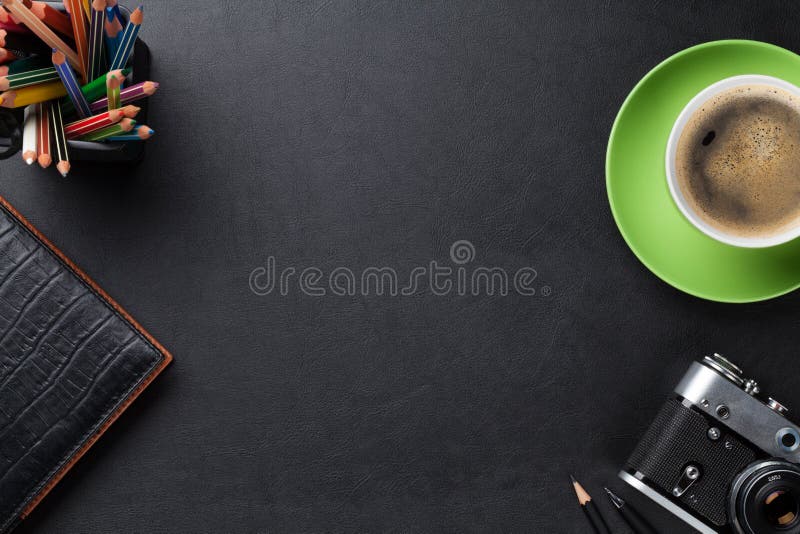 Office Desk Table with Coffee Cup, Camera and Supplies Stock Image ...