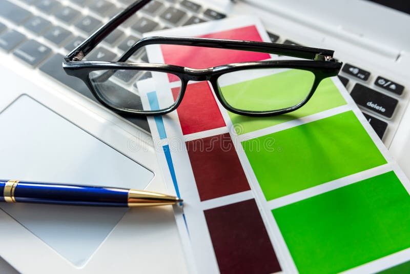 Office Desk Table with Colour Swatches Book Computer Laptop, Empty ...