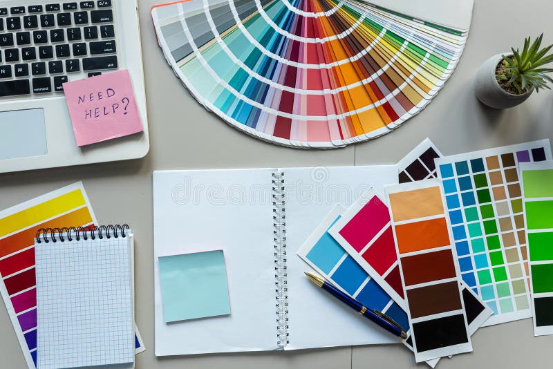 Office Desk Table with Colour Swatches Book Computer Laptop, Empty ...
