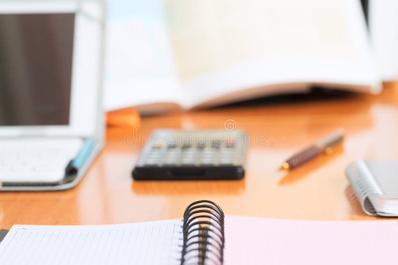 Office Desk Table with Computer, Calculator, Supplies. Stock Photo ...