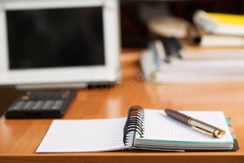 Office Desk Table with Computer, Calculator, Supplies. Copy Space for ...