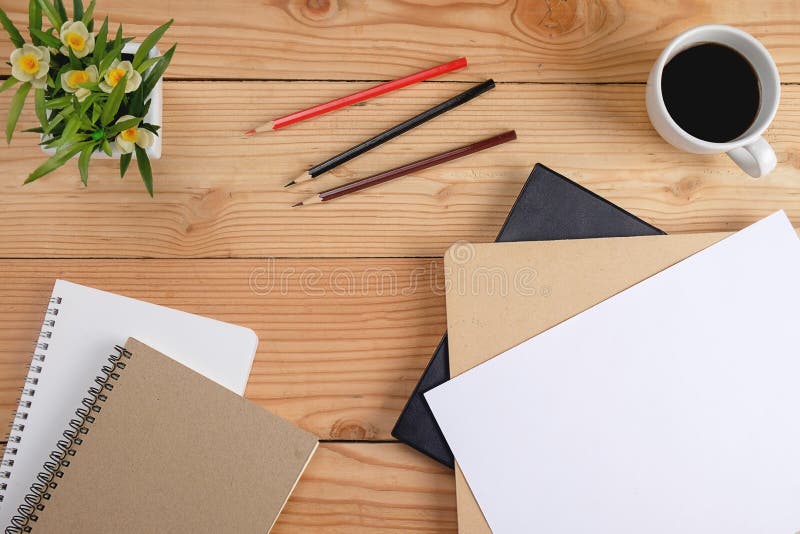 Office Desk Table with Computer, Glasses, Pen, Pencil, Notebook and Cup ...