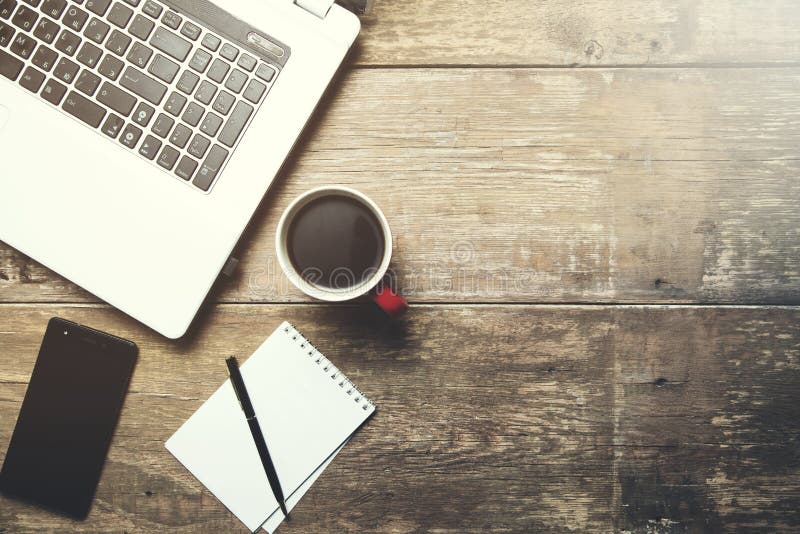 Office Desk Table with Computer, Notepad and Coffee Cup Stock Photo ...