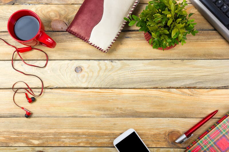 Office Desk Table with Computer, Pen and a Cup of Coffee, Lot of Things ...