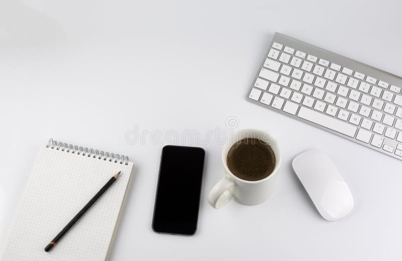 Office Desk Table with Computer, Smartphone, Note Pad, Pencils, Stock ...