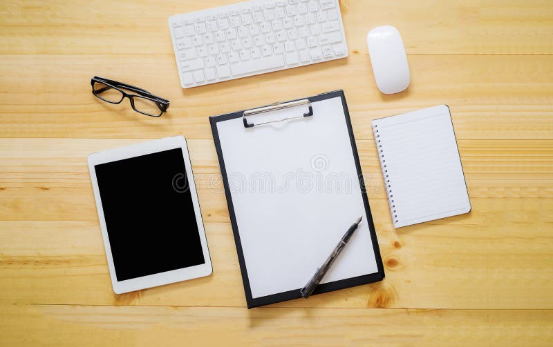 Wood Office Desk Table with Laptop, Notebook and Supplies. Stock Image ...