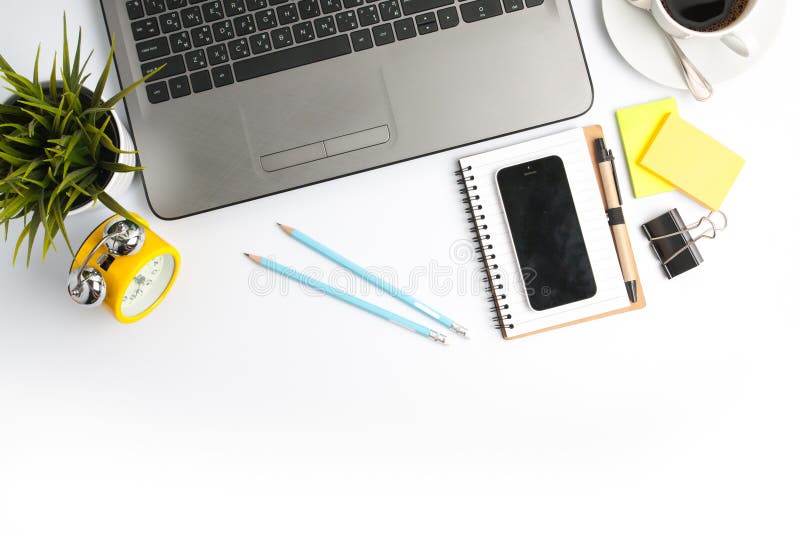 Office Desk Table with Computer Supplies Flower and Coffee Cup T Stock ...