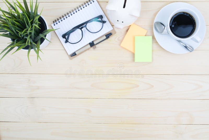 Office Desk Table with Computer Supplies Flower and Coffee Cup T Stock ...