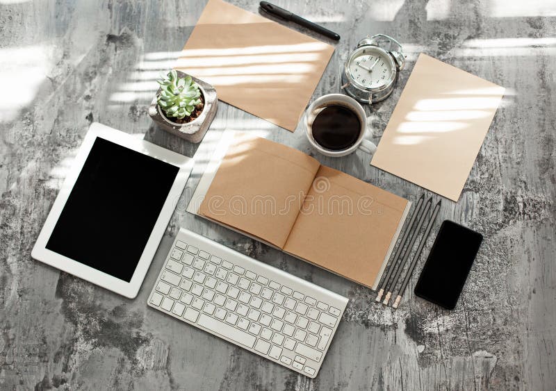 Office Leather Desk Table with Coffee and Supplies Stock Image - Image ...