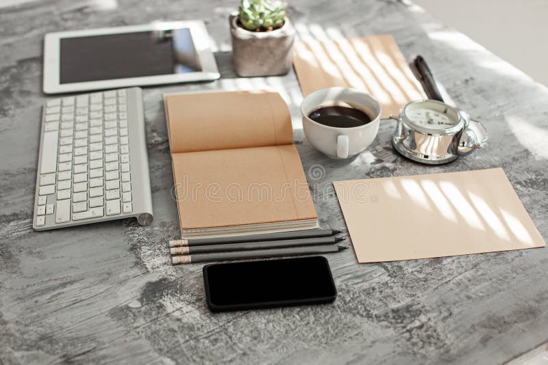 Office Desk Table with Computer, Supplies and Phone Stock Photo - Image ...