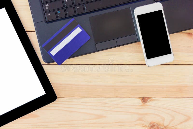 Office Desk Table with Laptop Computer, Blank Screen Smartphone, Blank ...