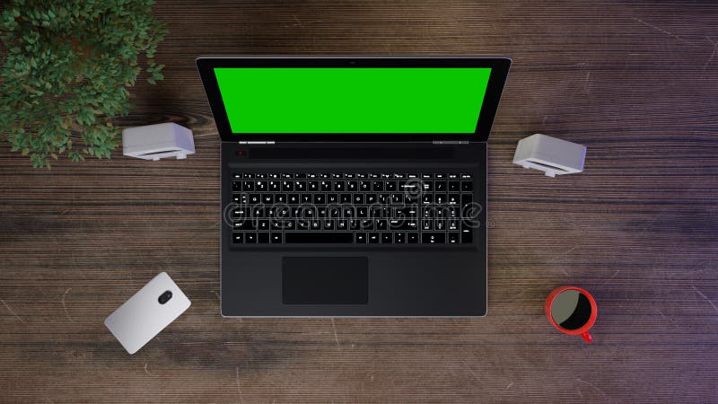 3D Rendering the Laptop is on the Table Top View Stock Illustration ...