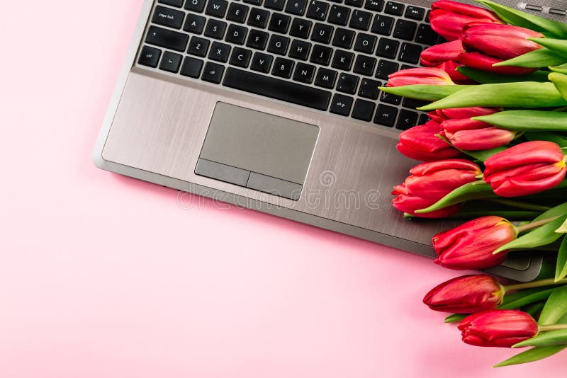 Office Desk Table with Laptop Computer and Flower. Top View with Copy ...