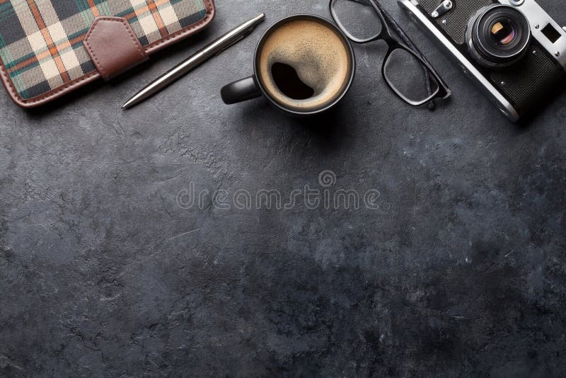 Office Desk Table with Notepad, Camera and Coffee Stock Image - Image ...
