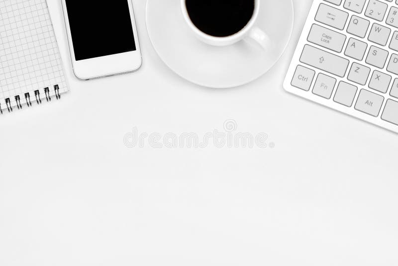 Office Desk Table with Notepad, Phone, Coffee Cup and Keyboard Computer ...