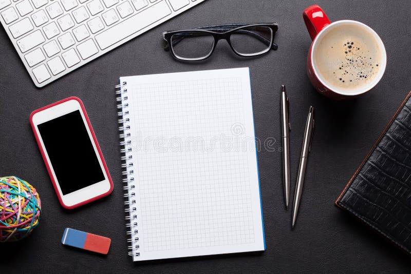 Office Desk Table with Pc, Notepad, Glasses, Coffee and Phone Stock ...
