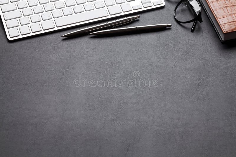 Office Desk Table with Pc, Notepad, Glasses, Pencil and Pen Stock Image ...