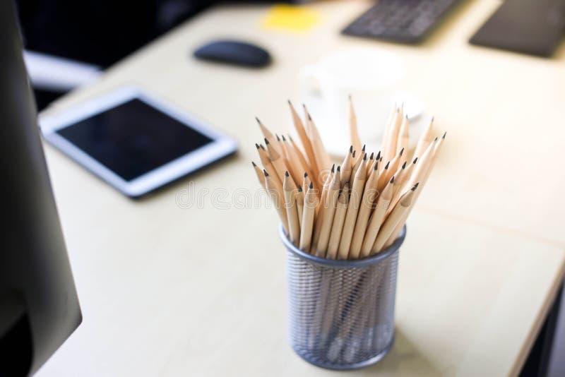 Office Desk Table with Pencils Top View,selective of Focus Stock Image ...