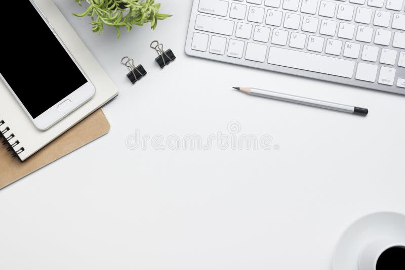 Office Desk Table with Supplies. Flat Lay Business Workplace and ...