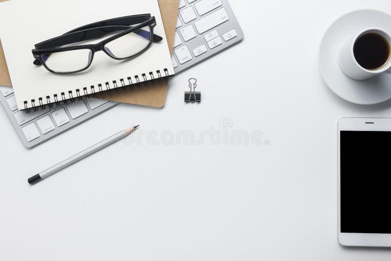 Office Desk Table with Supplies. Flat Lay Business Workplace and ...
