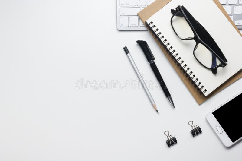 Office Desk Table with Supplies. Flat Lay Business Workplace and ...