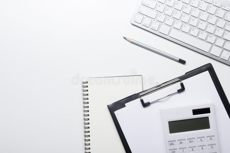 Office Desk Table with Supplies. Flat Lay Business Workplace and ...