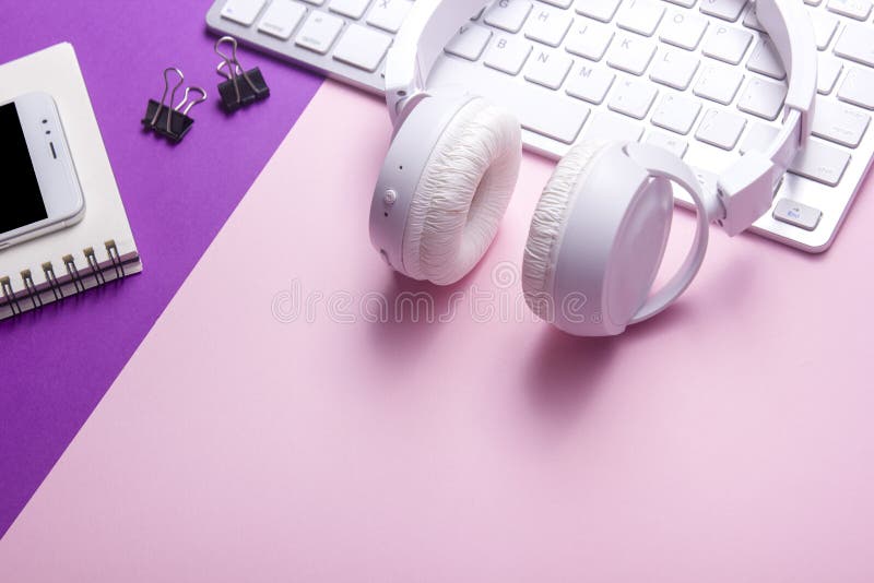 Office Desk Table with Supplies. Flat Lay Business Workplace and ...