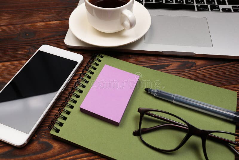 Office Desk Table with Supplies. Flat Lay Business Workplace and ...