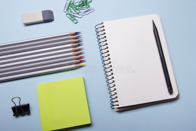Office Desk Table with Supplies Top View. Notepad, Pen and Colorful ...