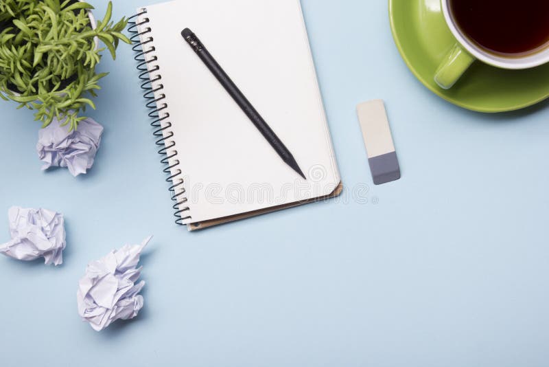 Office Desk Table with Supplies Top View. Notepad, Pen and Colorful ...