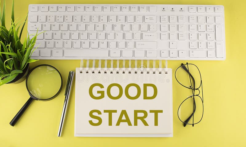 Office Desk Table Top View with Keyboard and Notebook Text Good Start ...