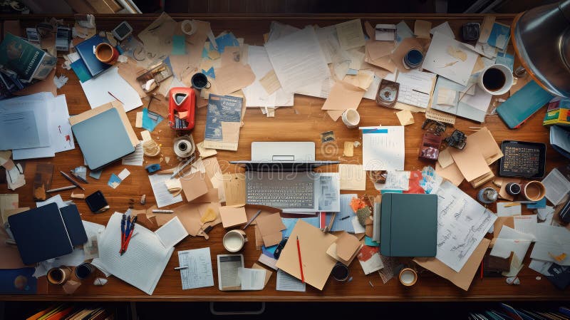 Office desk top down stock illustration. Illustration of scattered ...