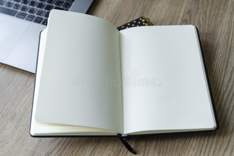 Office Desk Top View with Blank Notebook Stock Image - Image of notepad ...