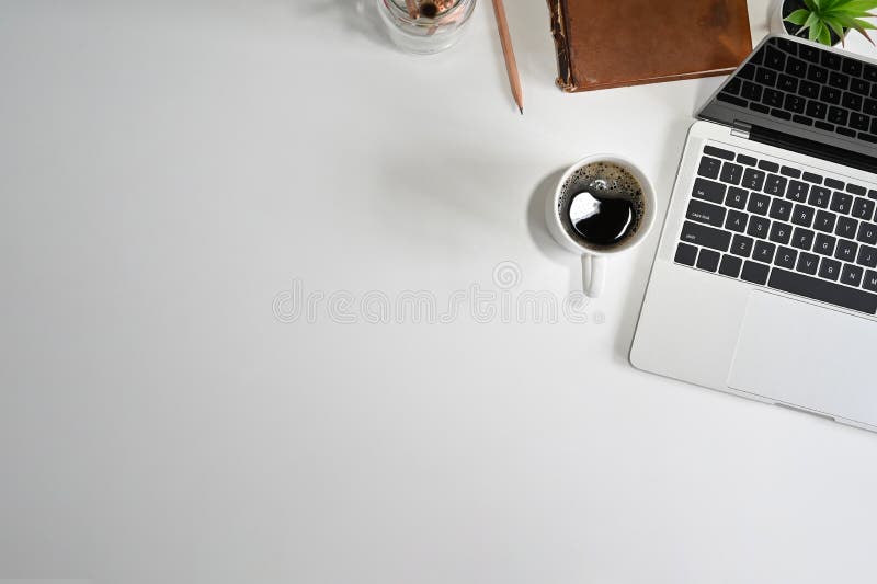 Office Desk Top View Laptop Computer, Coffee, Book and Pencil on Copy ...