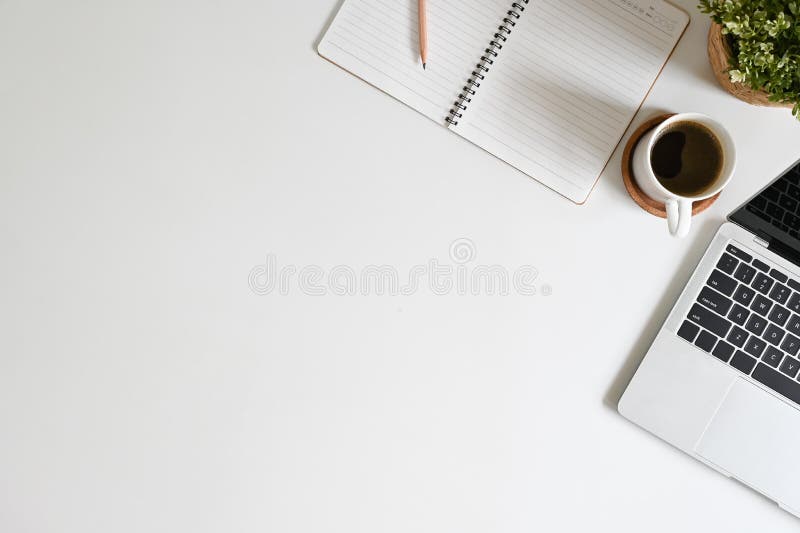 Top View Laptop with Blank Screen, Digital Tablet, Document and Coffee ...