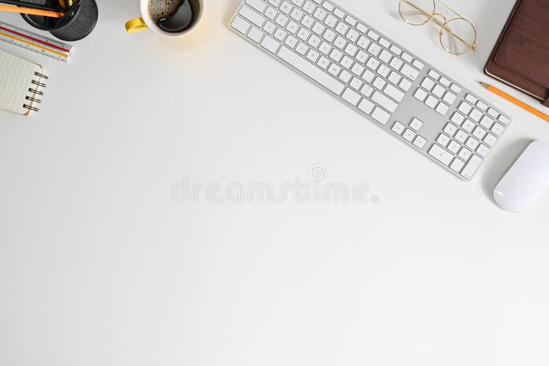 Office Desk Top View Table with Computer Keyboard, Coffee, Notebook on ...