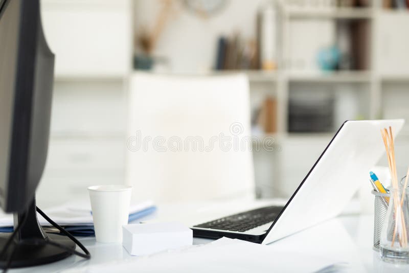 Office Desk for Two with Laptop and Desktop Computer and Disposable ...