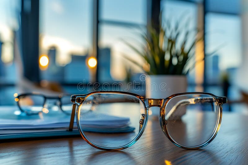Office Desk with with Glasses and Various Elements Stock Illustration ...