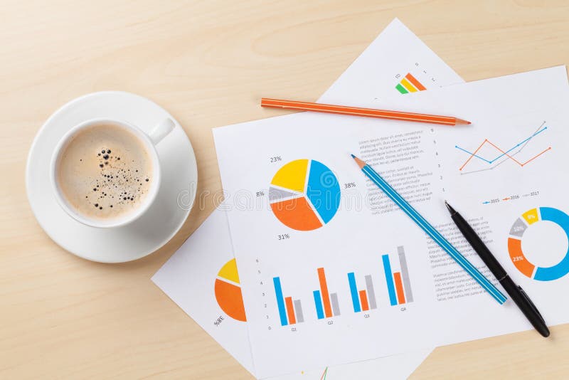 Office Desk Workplace with Coffee and Charts Stock Image - Image of ...