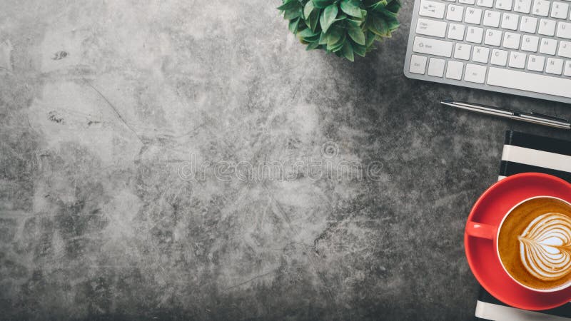 Office Desk Workplace with Keyboard, Pen, Notebook and Cup of Coffee ...