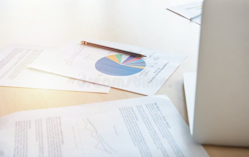 Office Desk Workplace with Pc, Paper Charts or Graph and Notebook and ...