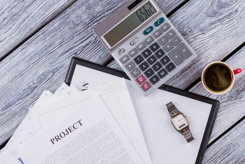 Office Desk Workspace with Business Plan Project and Calculator. Stock ...