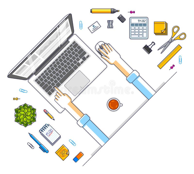 Office Desk Workspace Top View with Hands of Office Employee or ...