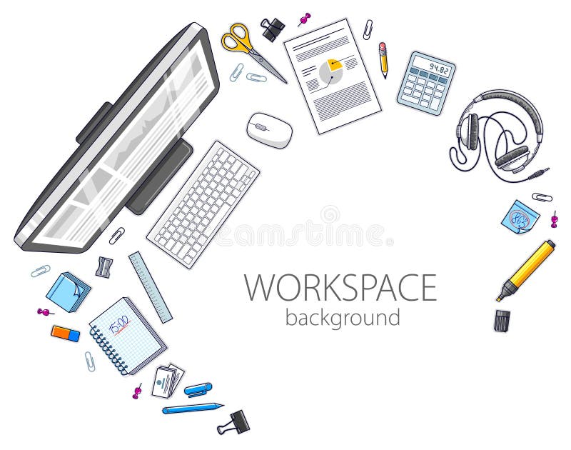 Office Desk Workspace Top View with PC Computer and Diverse Stat Stock ...