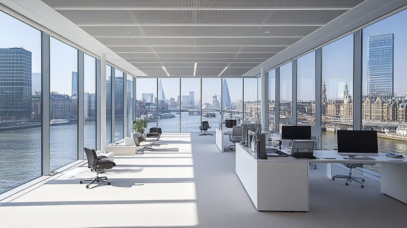 Office Desks, City View, River, Building Interior Commercial Use Stock ...