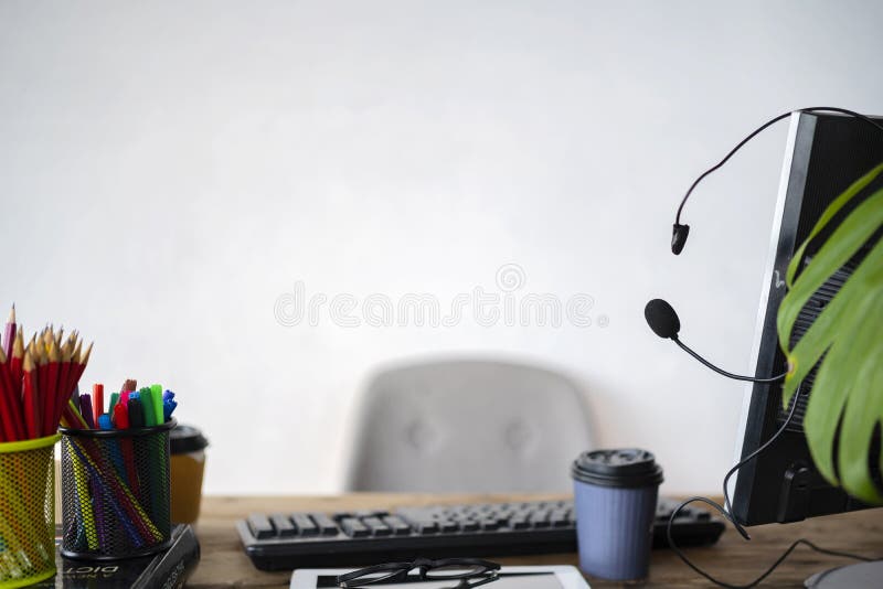 Office Desks and Office Equipment, VOIP Headset on Computer Keyboard ...